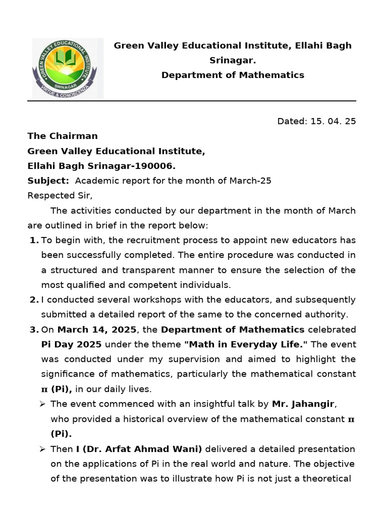 1 Mothly Report March-2025 | PDF | Pi | Mathematics