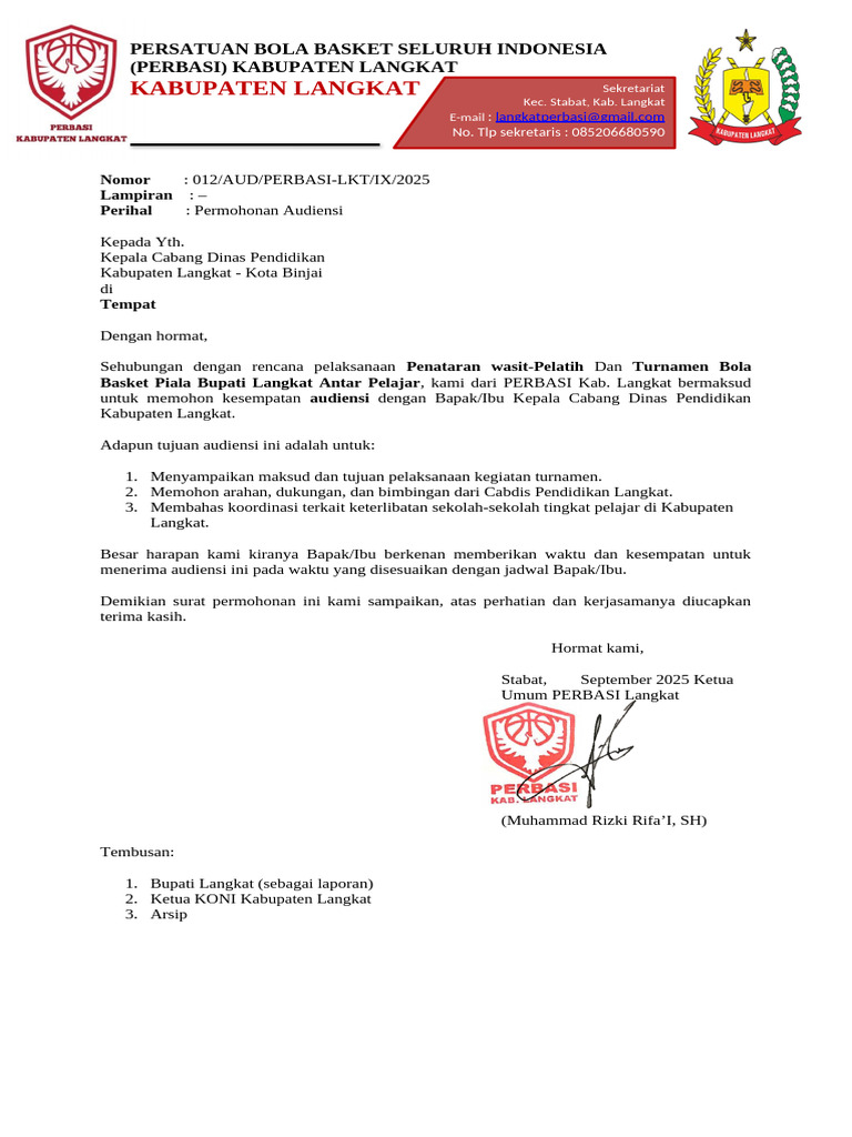 Permohonan Audiensi PERBASI Langkat | PDF