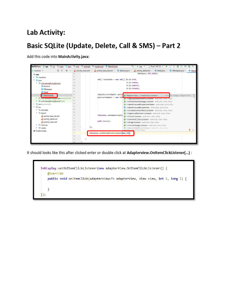 Lab Activity 4B - Basic SQLite (Update, Delete, Call SMS) – Part 2 (1) | PDF | String (Computer ...