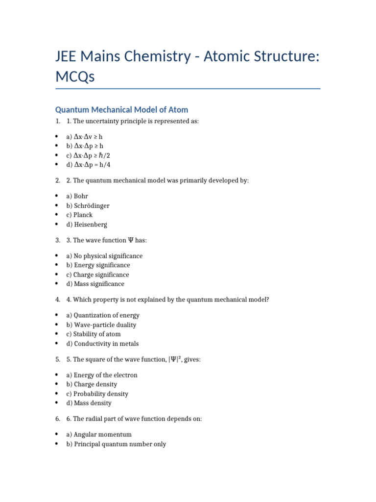 JEE Mains Chemistry Atomic Structure Questions | PDF | Wave Function ...