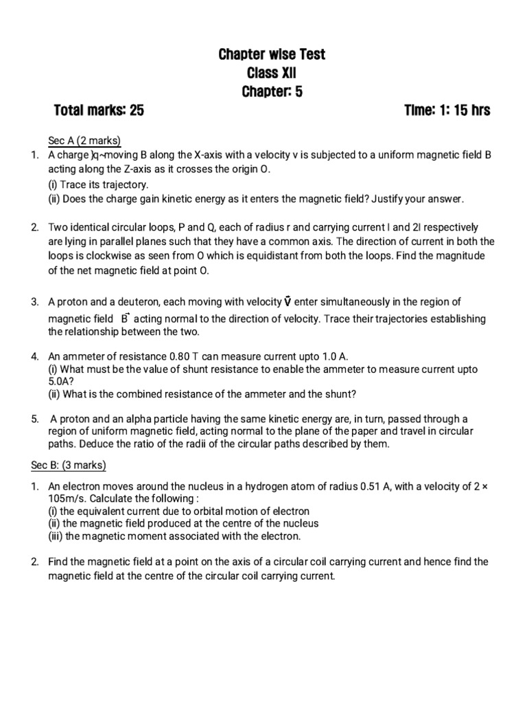 Class XII Chapter 5 Magnetic Fields Test | PDF | Magnetic Field | Proton