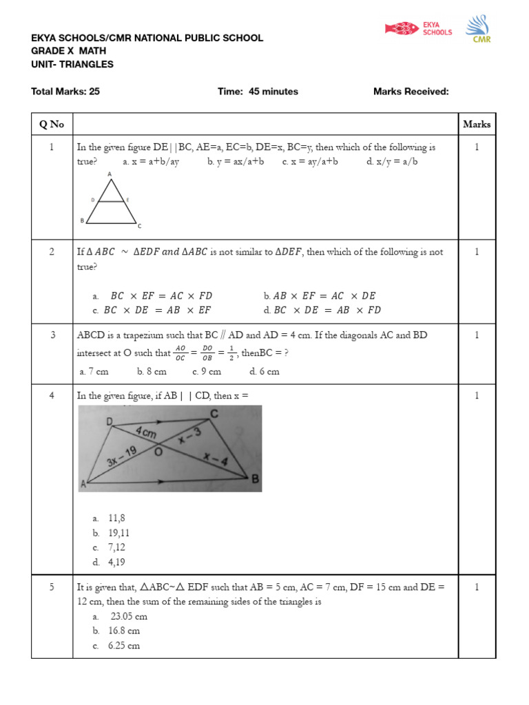 Grade X Math: Triangle Unit Exam | PDF | Euclidean Plane Geometry ...