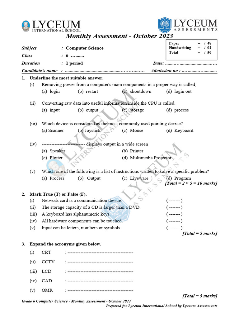 Grade 6 Computer Science | PDF | Computer Keyboard | Input/Output