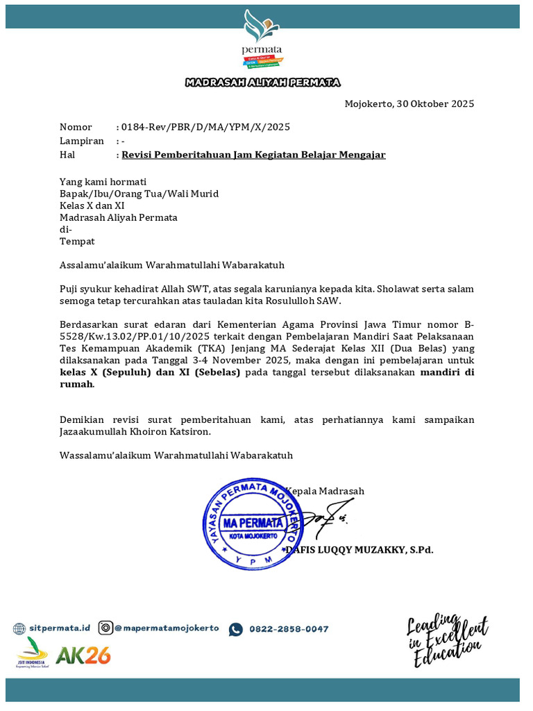 Surat Revisi Pemberitahuan Kegiatan Belajar Mengajar TGL 3-4 November | PDF