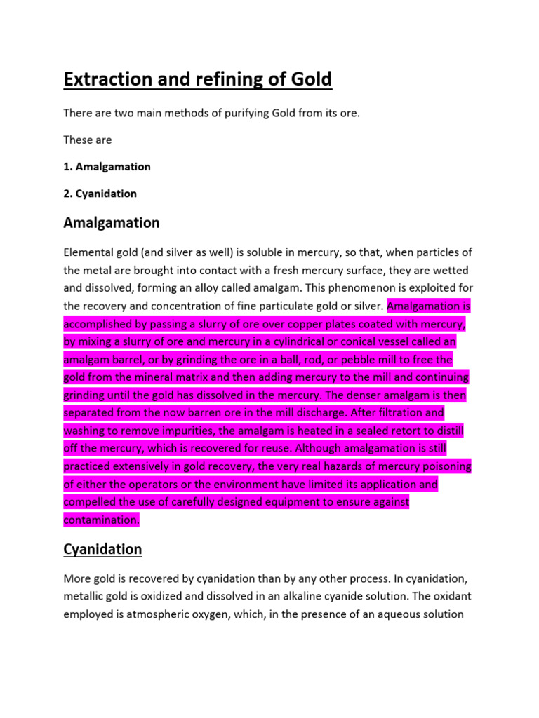 Gold Extraction Methods: Amalgamation & Cyanidation | PDF | Gold ...