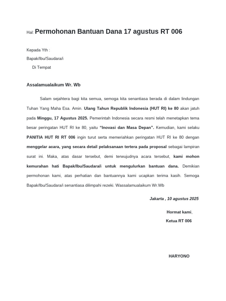 Proposal HUT RI Ke 80 RT 006 Oke | PDF