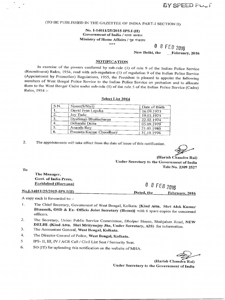 Appointment by Promotion of West Bengal (Select List 2014) | PDF