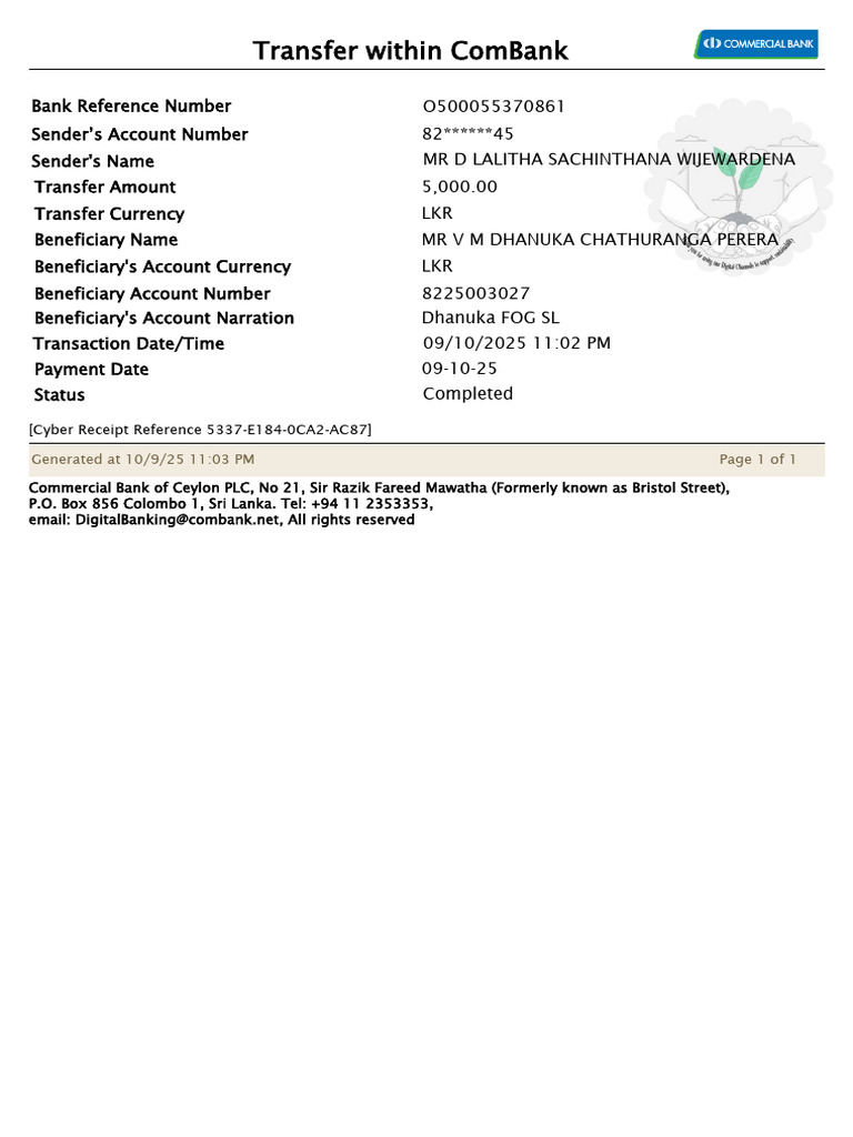 ComBank Cyber Receipt: LKR Transfer Details | PDF
