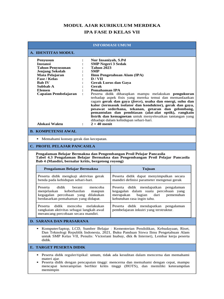 Modul Ajar IPA Kelas VII: Gerak dan Gaya | PDF