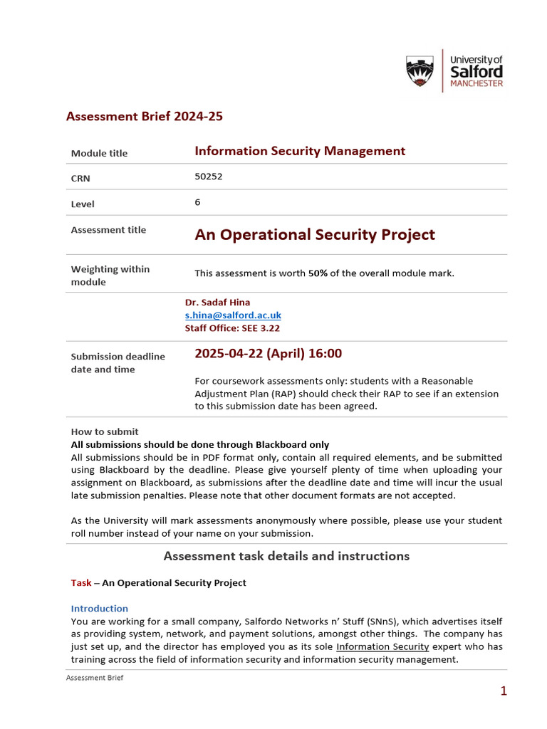 50252-IsM Assessment 2 Brief 2024-25 | PDF | Risk Management | Risk