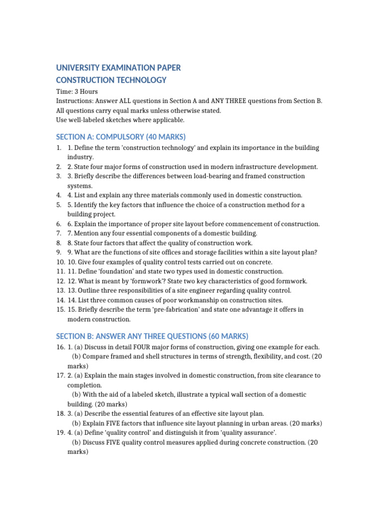 Construction Technology Exam Paper | PDF | Concrete | Reinforced Concrete