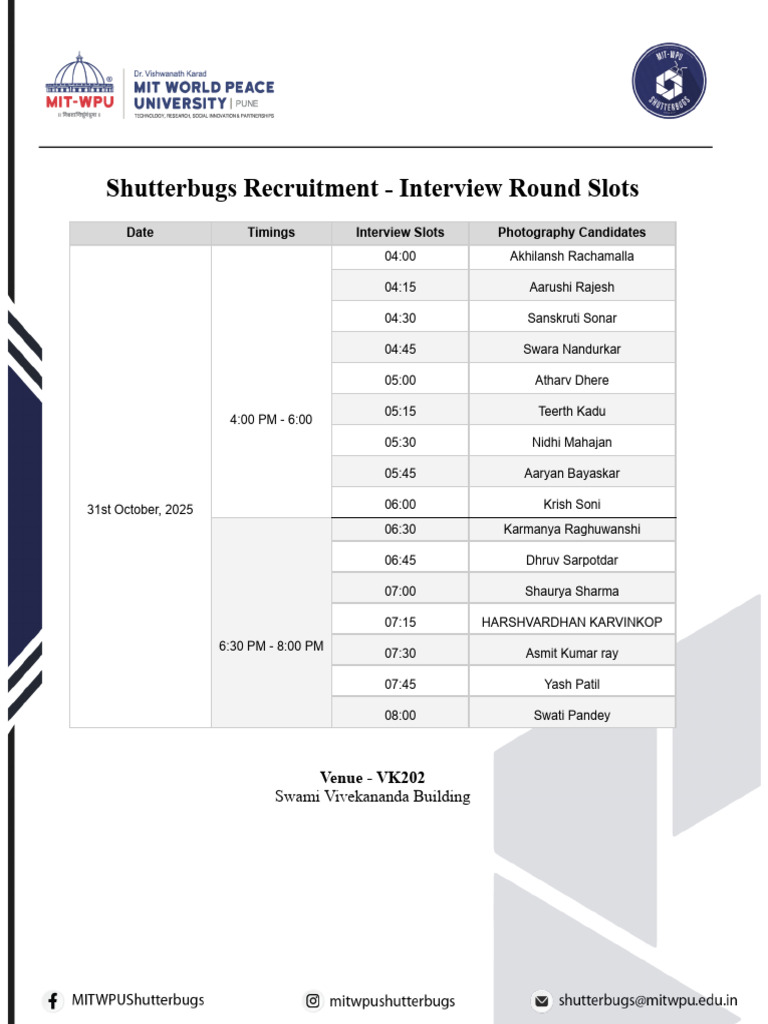 Shutterbugs Recruitment Interview Schedule | PDF