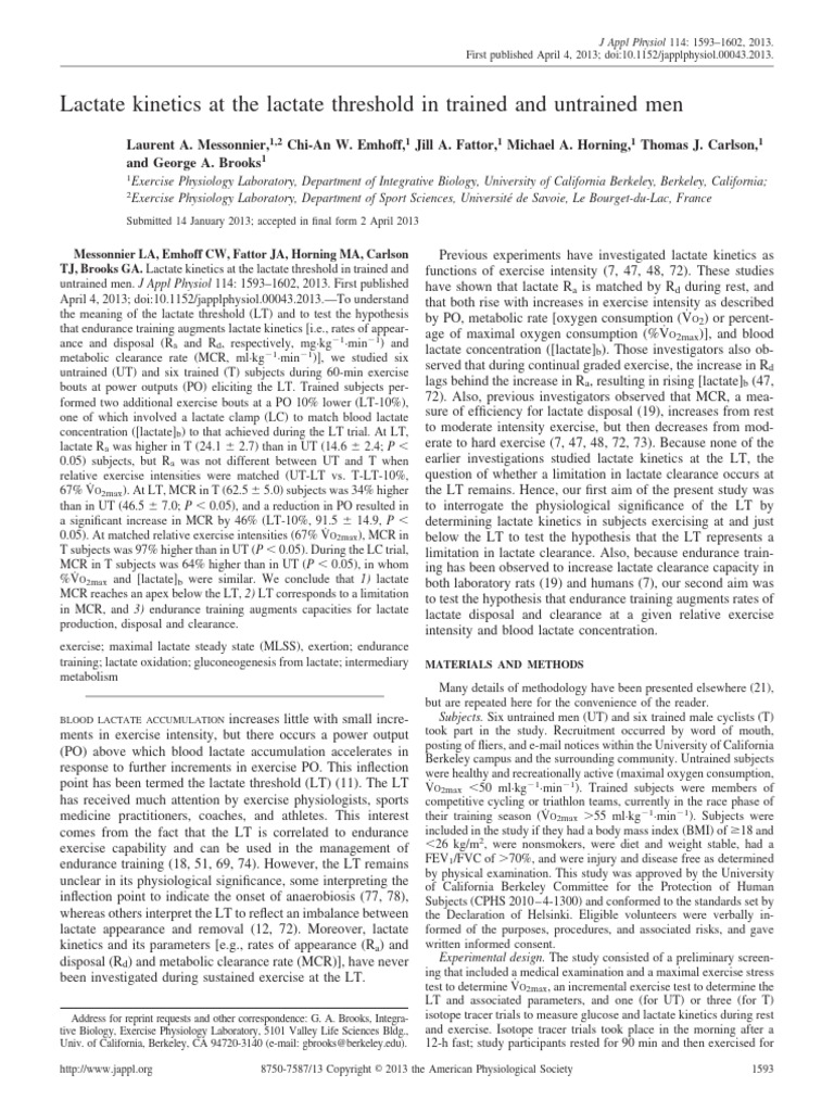 Lactate Kinetics at The Lactate Threshold in Trained and Untrained Men ...