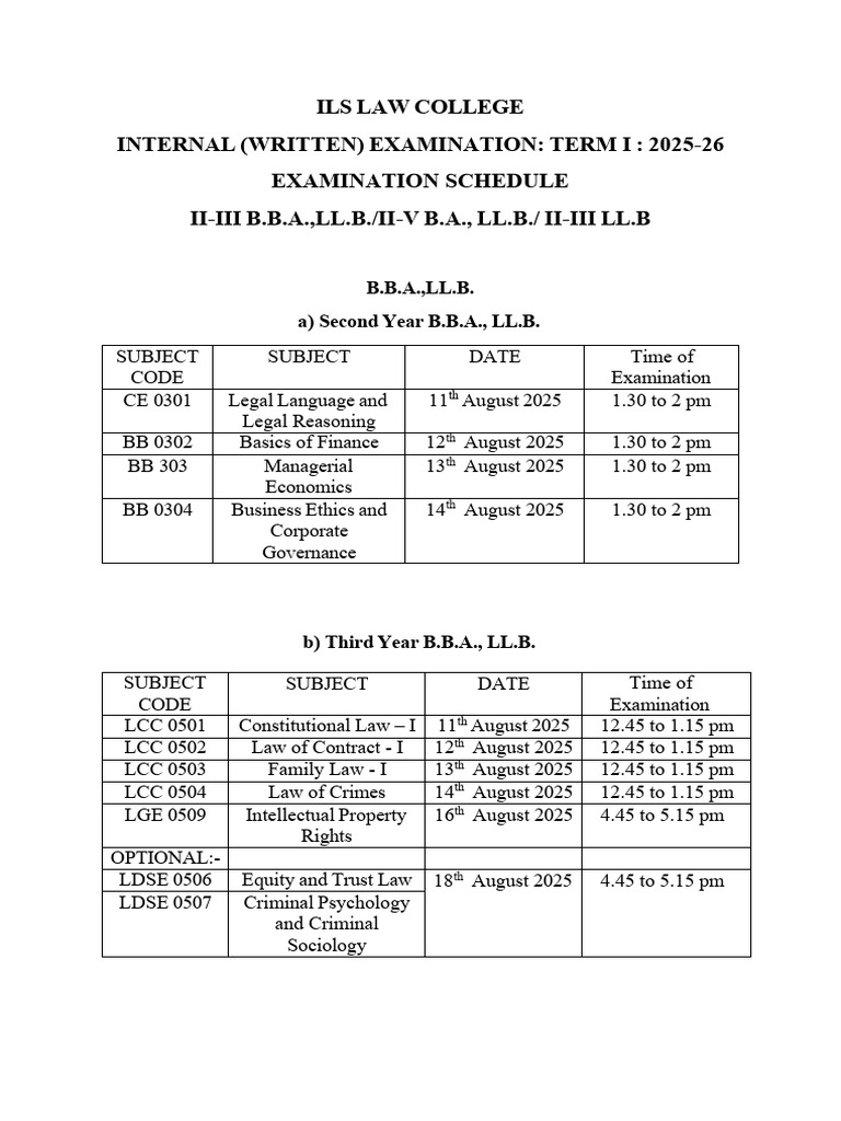 ILS Law College Term I Exam Schedule 2025 | PDF | Crimes | Crime & Violence