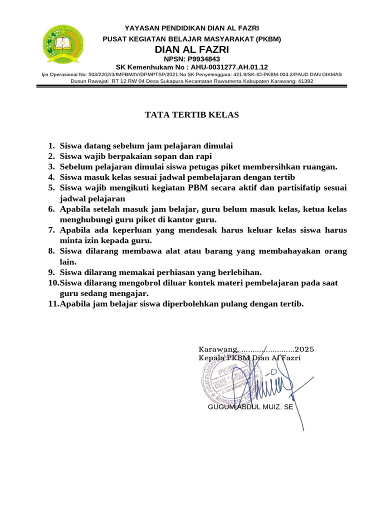 Tata Tertib Kelas PKBM Dian Al Fazri | PDF