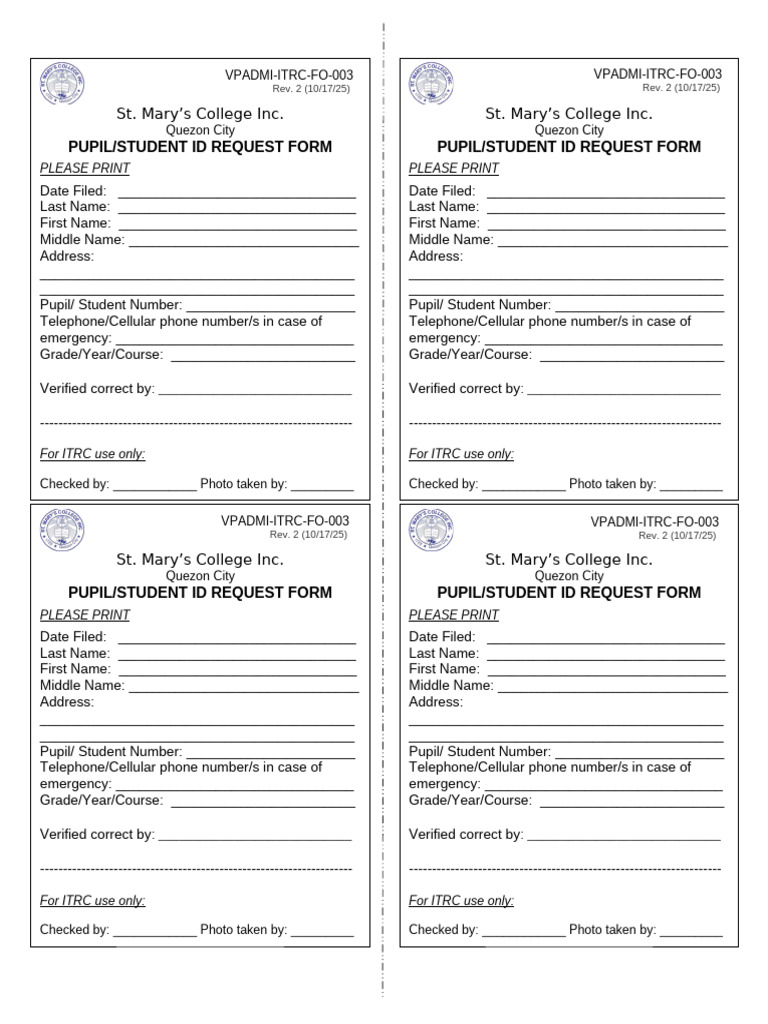 Pupil Student ID Request Form VPADMI-ITRC-FO-003rev2 | PDF | Telephone ...