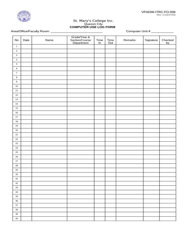 Computer Use Log Form VPADMI-ITRC-FO-008rev2 | PDF