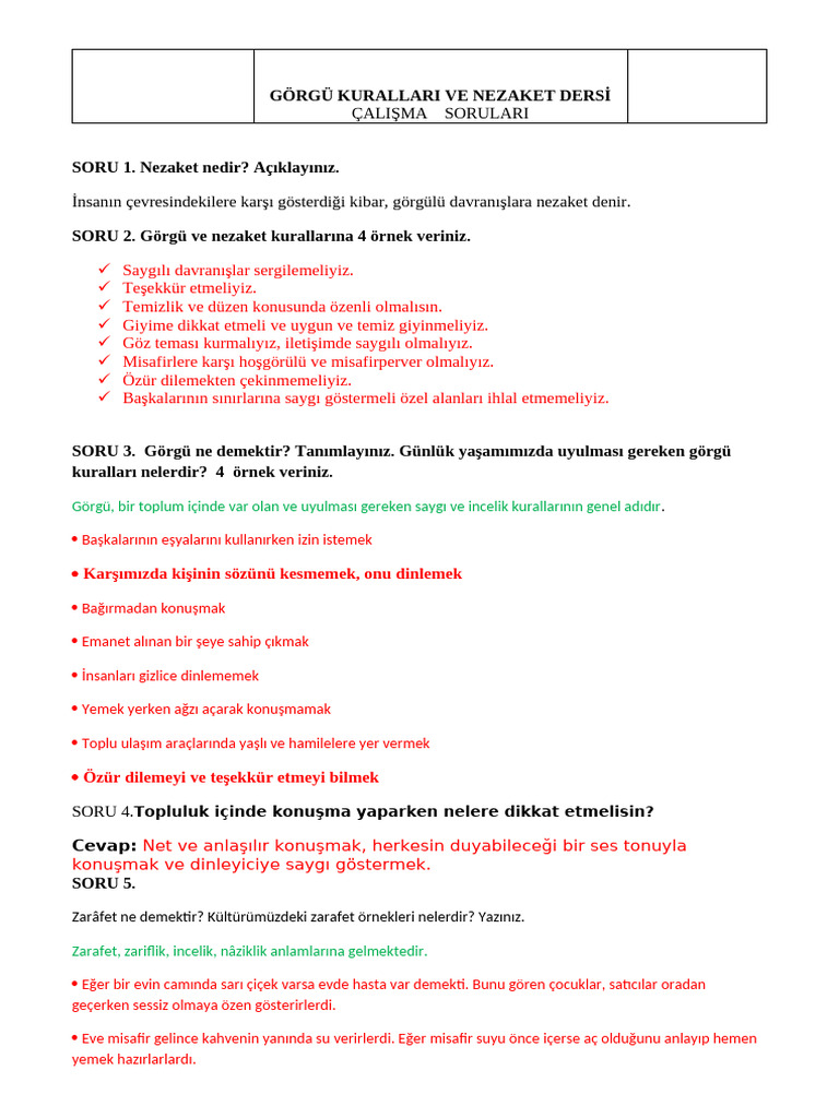 Gorgu-Kurallari-Ve-Nezaket Çalişma Sorulari | PDF