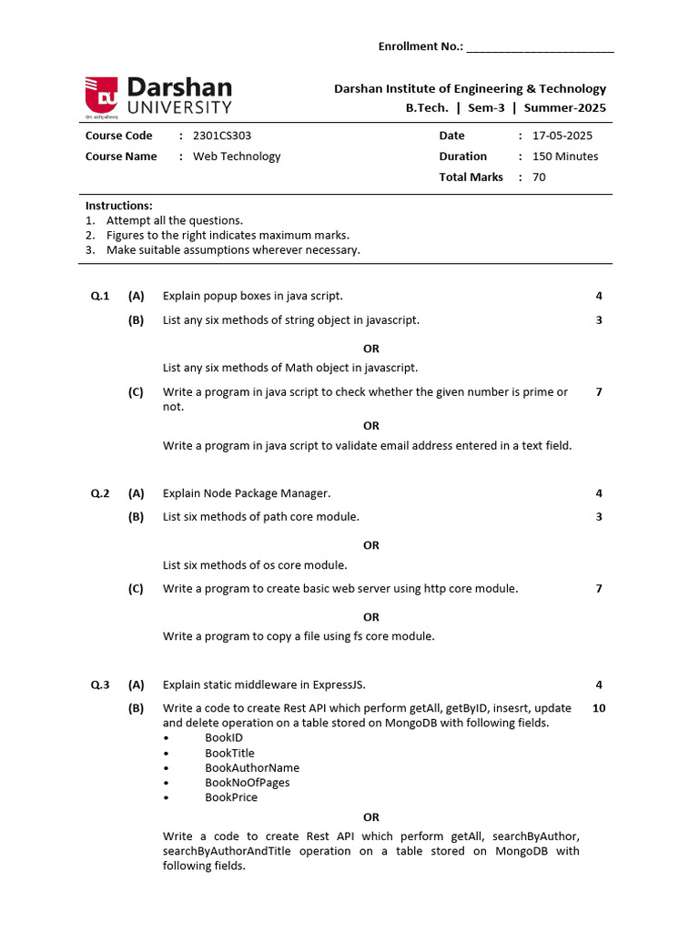 Web Technology Exam Paper - B.Tech Sem-3 | PDF | Java Script | Systems ...