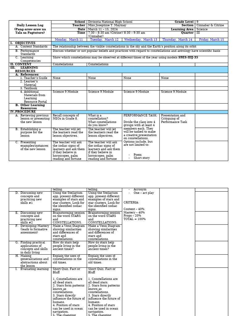 Science 9 DLL March 11 - 15, 2024 | PDF | Science | Learning