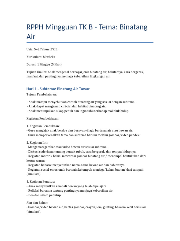 RPPH TK B Binatang Air Mingguan | PDF