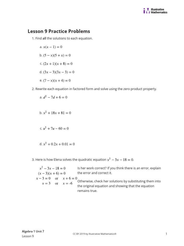 Algebra1 7 9 Lesson Curated Practice Problem Set | PDF | Equations ...