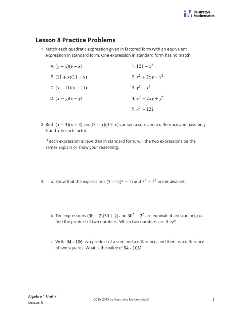 Algebra 1 Lesson 8 Practice Problems | PDF | Algebra | Function ...