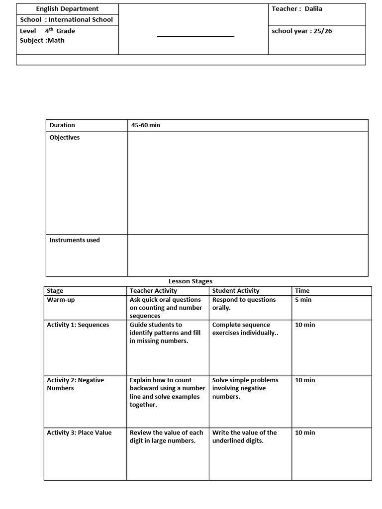 4th Grade Math Lesson Plan: Sequences & Time | PDF | Mathematics ...