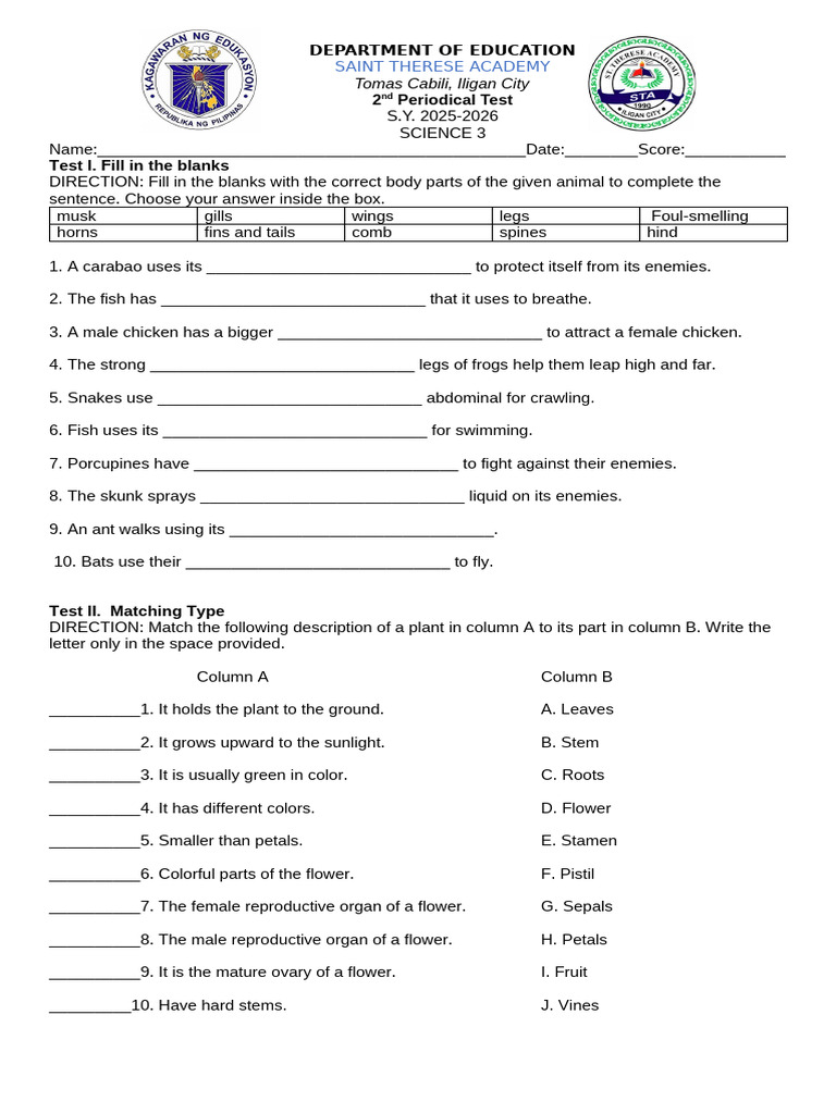 Science Test for Grade 3 Students | PDF | Flowers | Plants