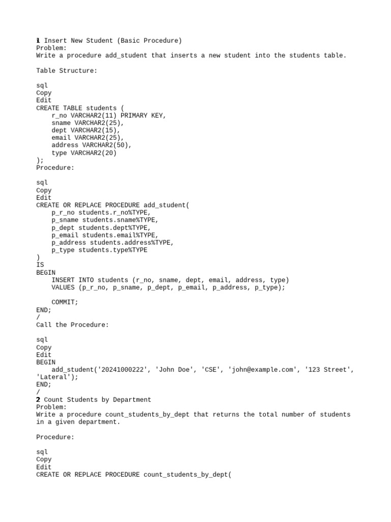Procedure Basics Examples | PDF | Pl/Sql | Computing