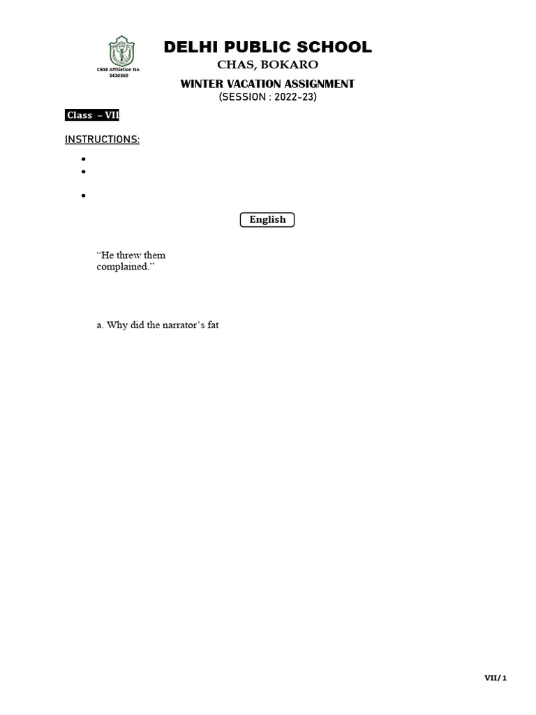 Winter Vacation Assignment (2022-23) - Class (VII) | PDF