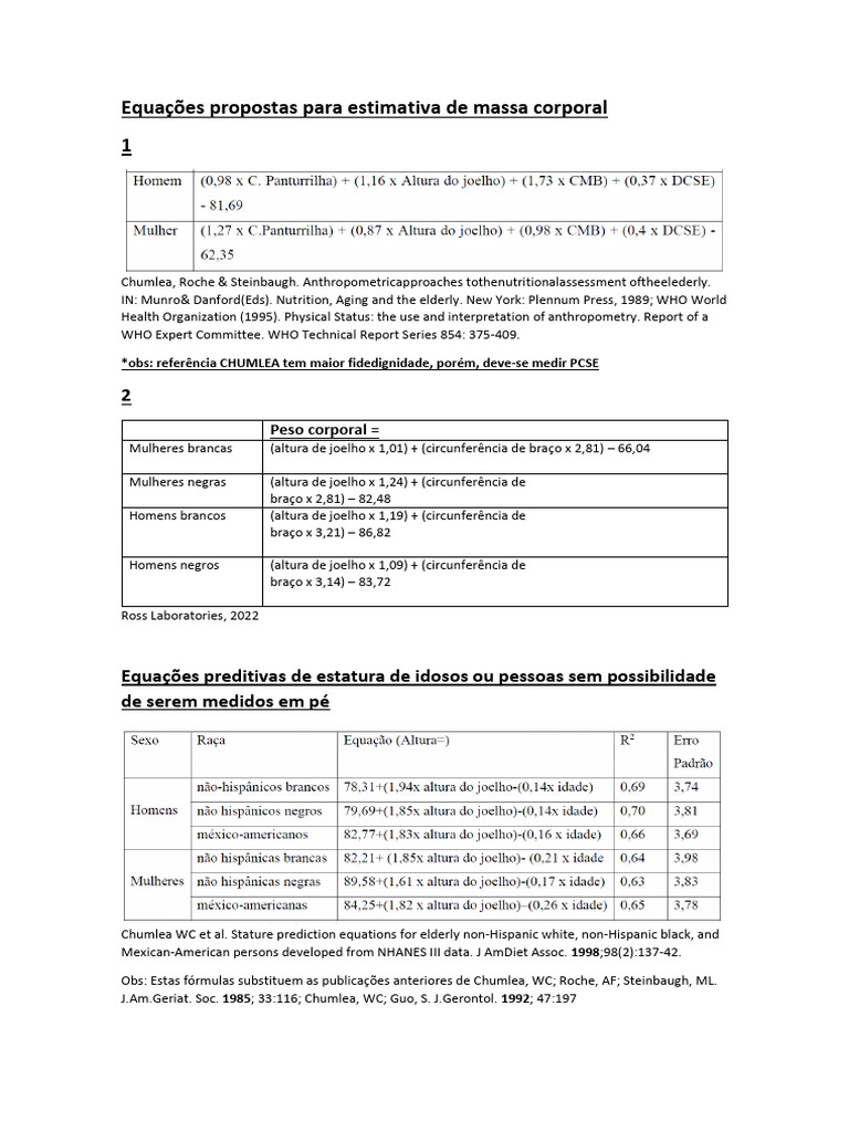 Fórmulas de Peso e Altura Chumlea | PDF | Peso corporal humano ...