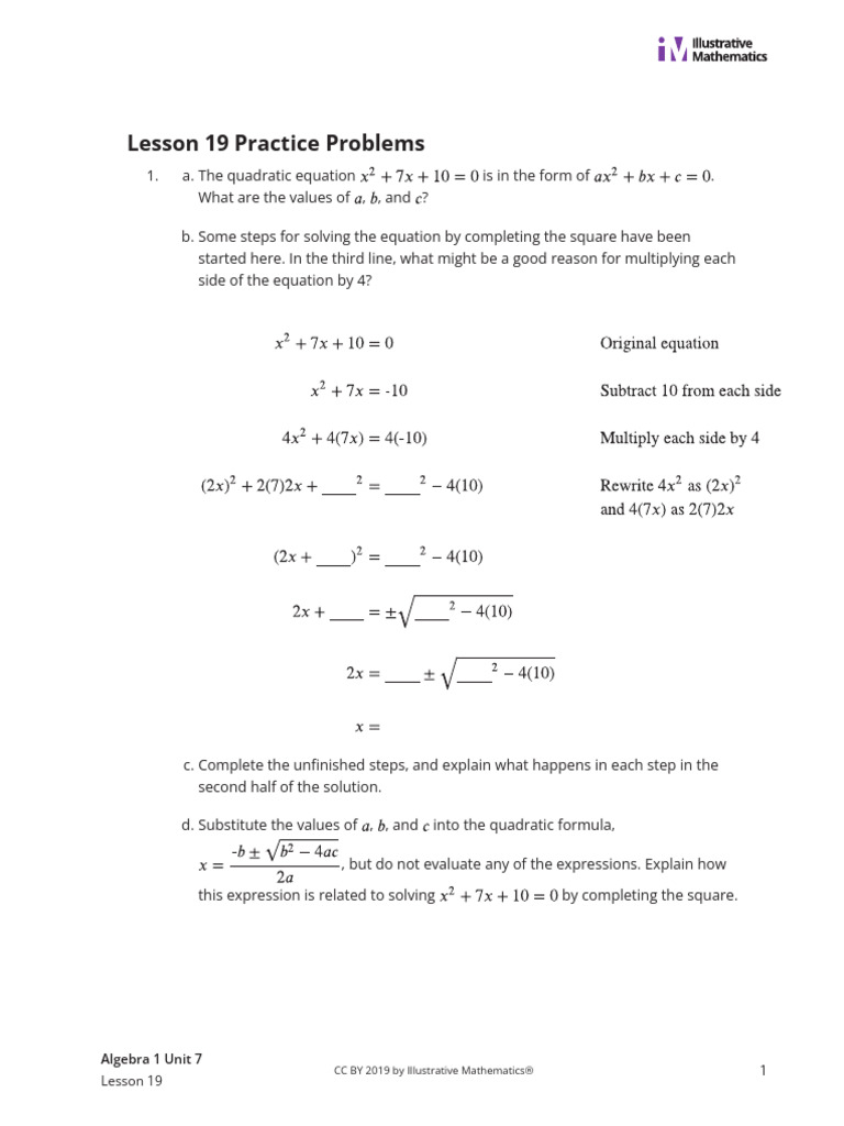 Algebra1!7!19 Lesson Curated Practice Problem Set | PDF | Quadratic ...
