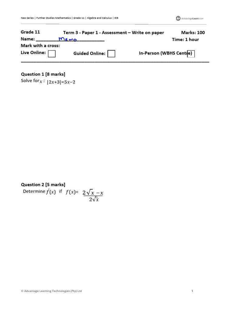 Grade 11 Algebra & Calculus Assessment | PDF | Function (Mathematics ...