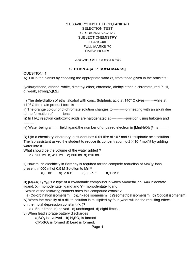 Chemistry Selection Test for Class XII | PDF | Acid | Gibbs Free Energy