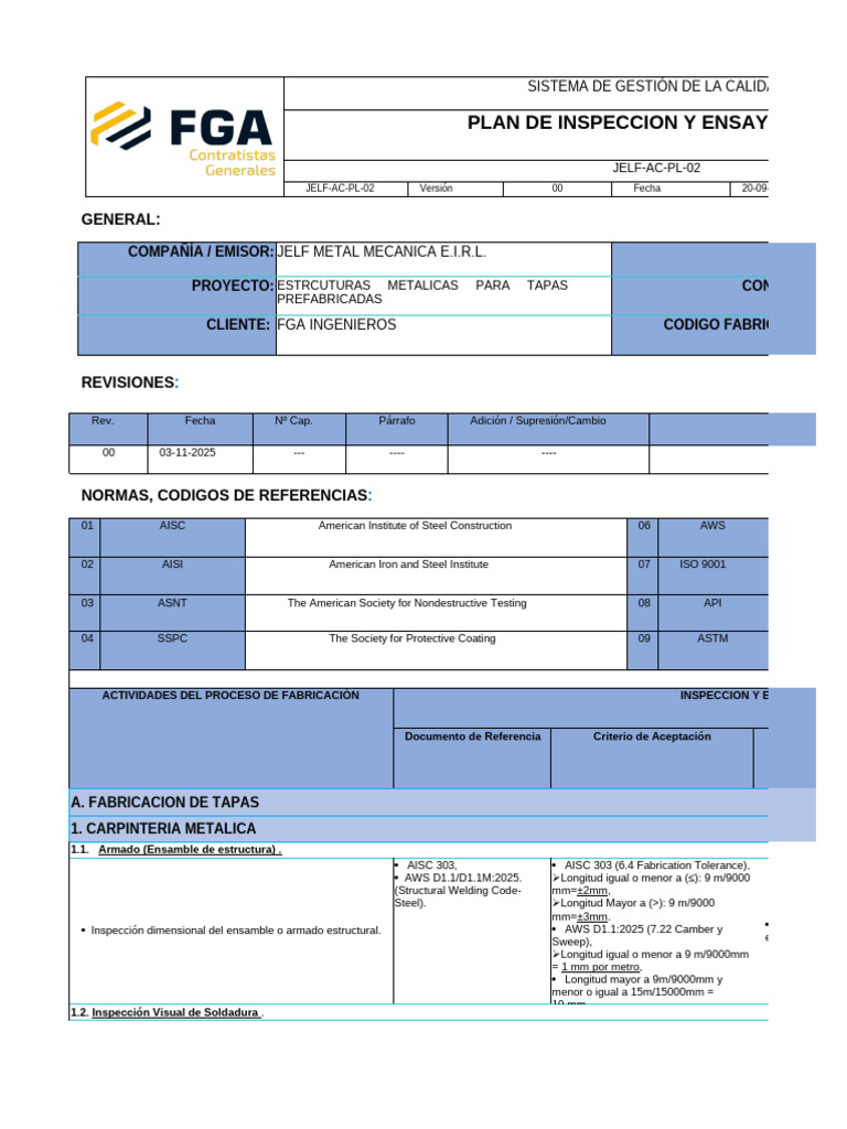 FGA-QA-PPI - Plan de Inspeccion y Ensayos | PDF | Ingeniería ...