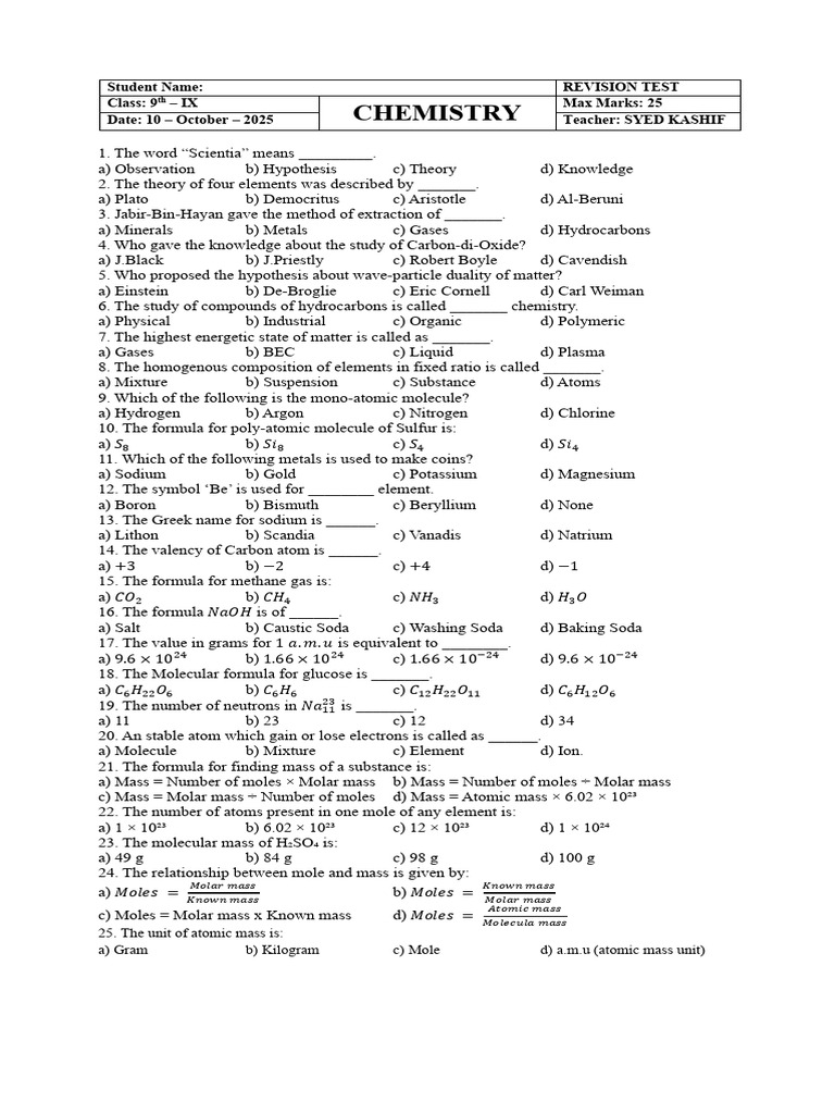 CHEMISTRY 9th Test Chapter 1 | PDF | Mole (Unit) | Chemical Elements