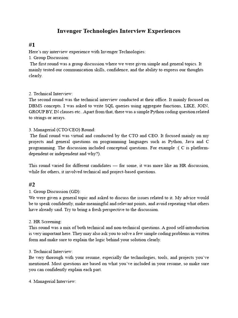 Invenger Technologies Interview Guide | PDF | Databases | Sql