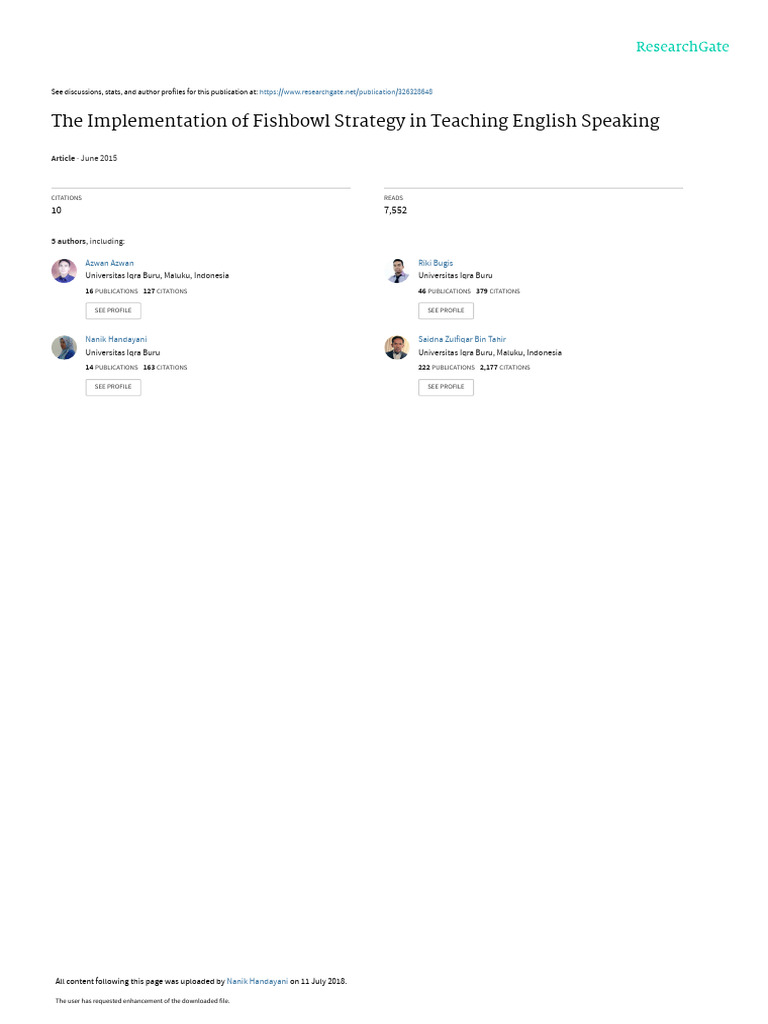 The Implementation of Fishbowl Strategy in Teaching English Speaking ...