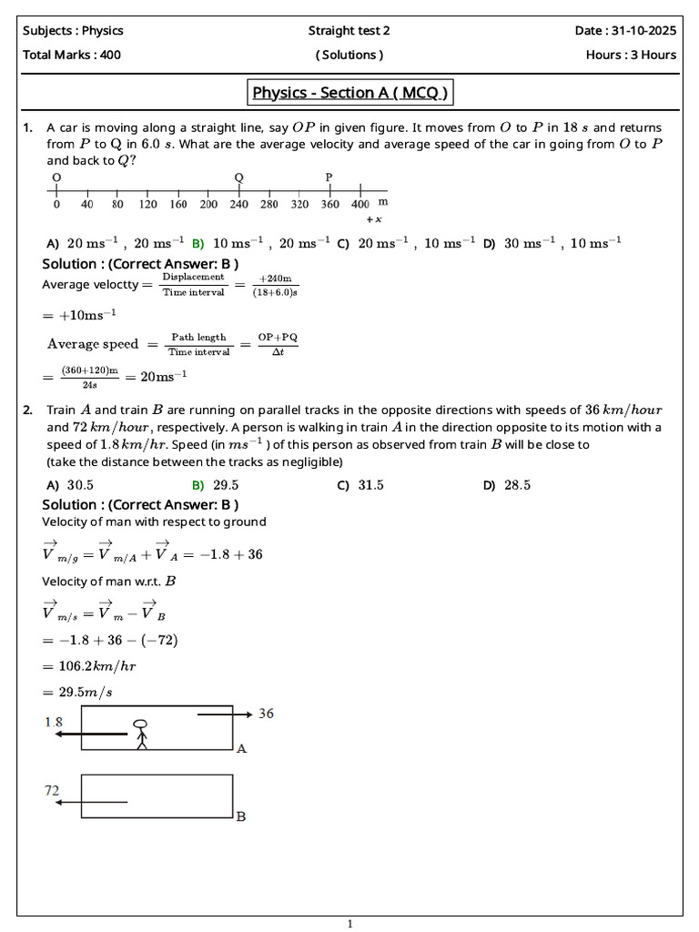 Physics Solutions for Average Velocity Test | PDF | Velocity | Speed
