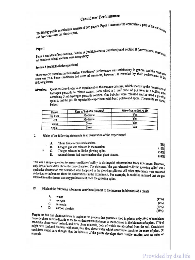 HKDSE Biology 2018 Candidate Performance | PDF