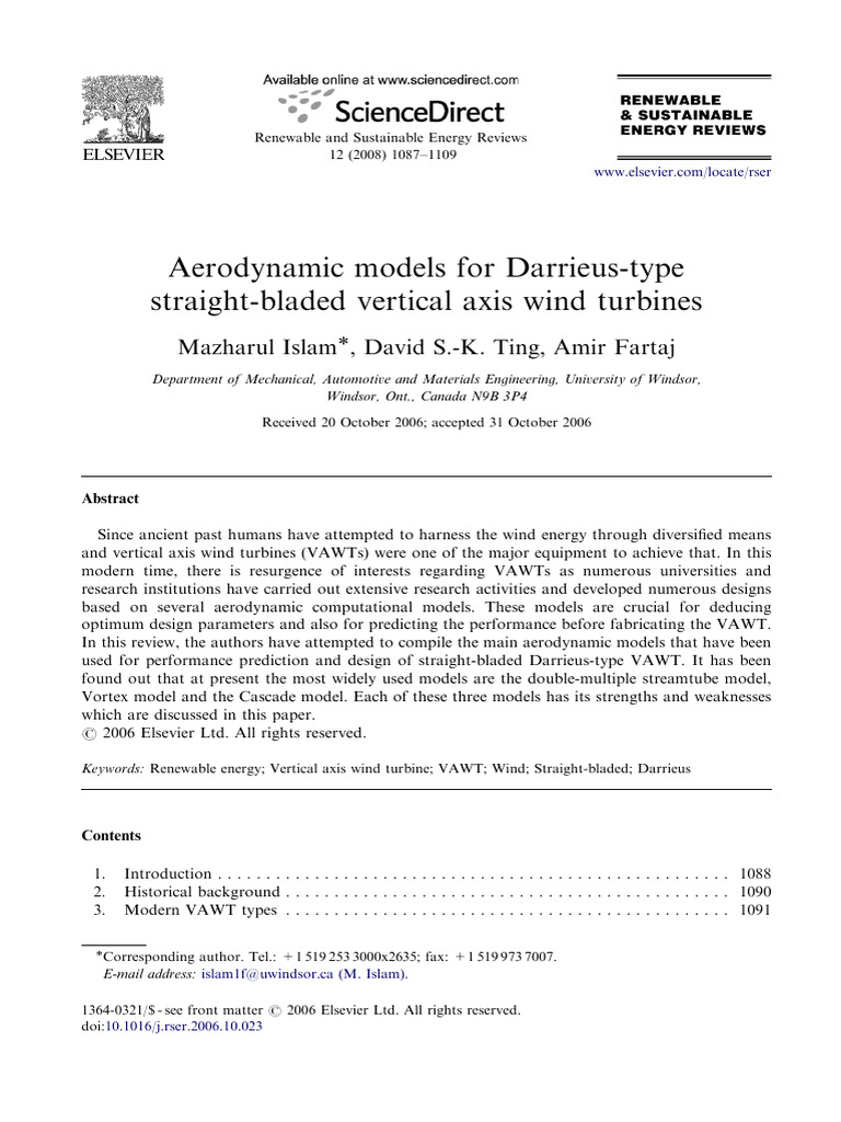 Aerodynamic Models for Darrieus-type | PDF | Turbine | Lift (Force)