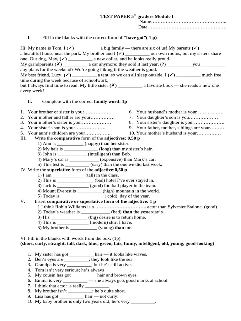5th Grade English Test Paper Module I | PDF