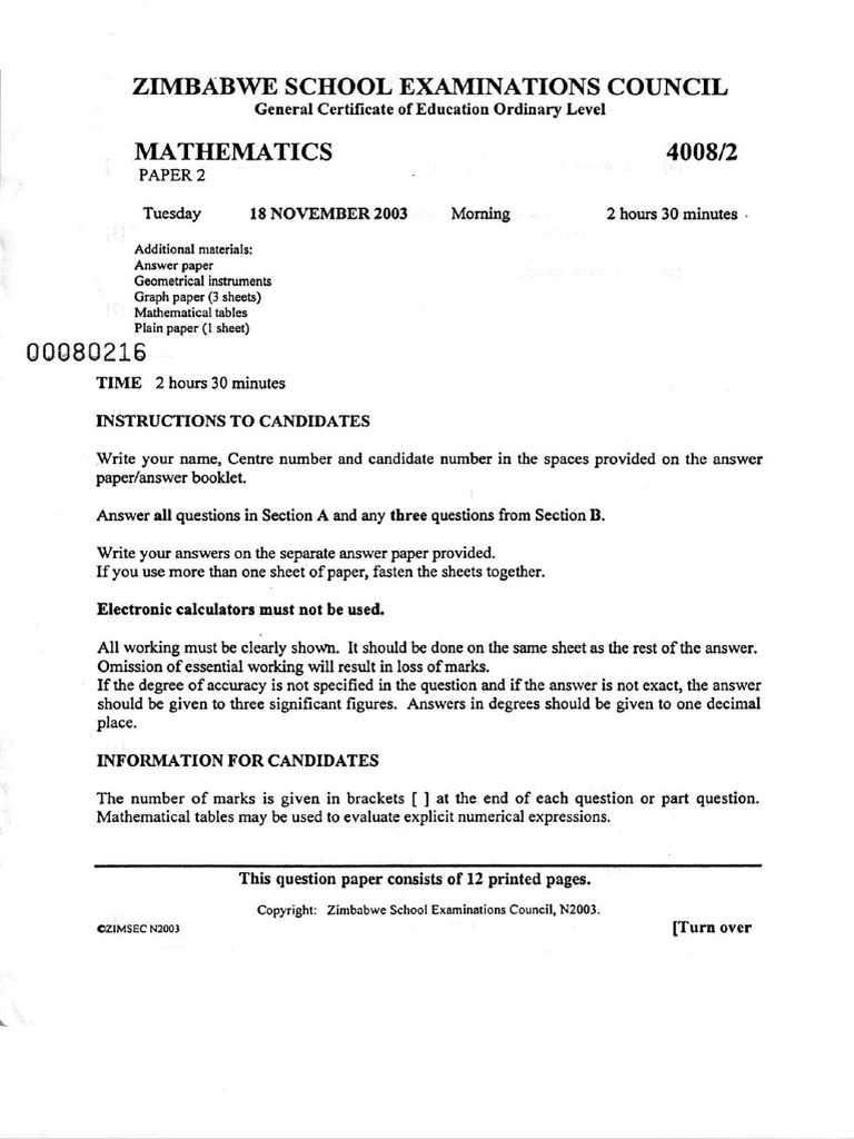 O-Levels Mathematics 2003 | PDF