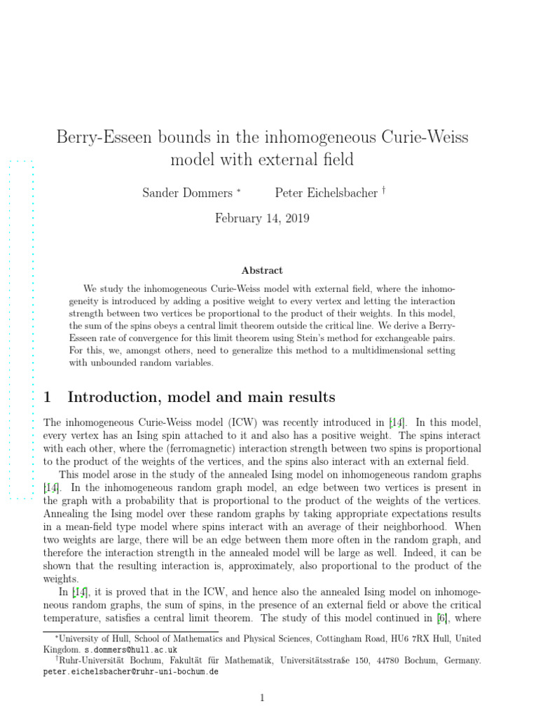 Berry-Esseen Bounds in The Inhomogeneous Curie-Weiss | PDF | Regression Analysis | Normal ...