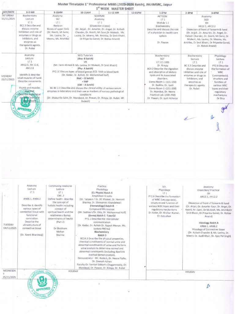 Time Table of 1st MBBS Batch 2025 For November 2025 - N | PDF