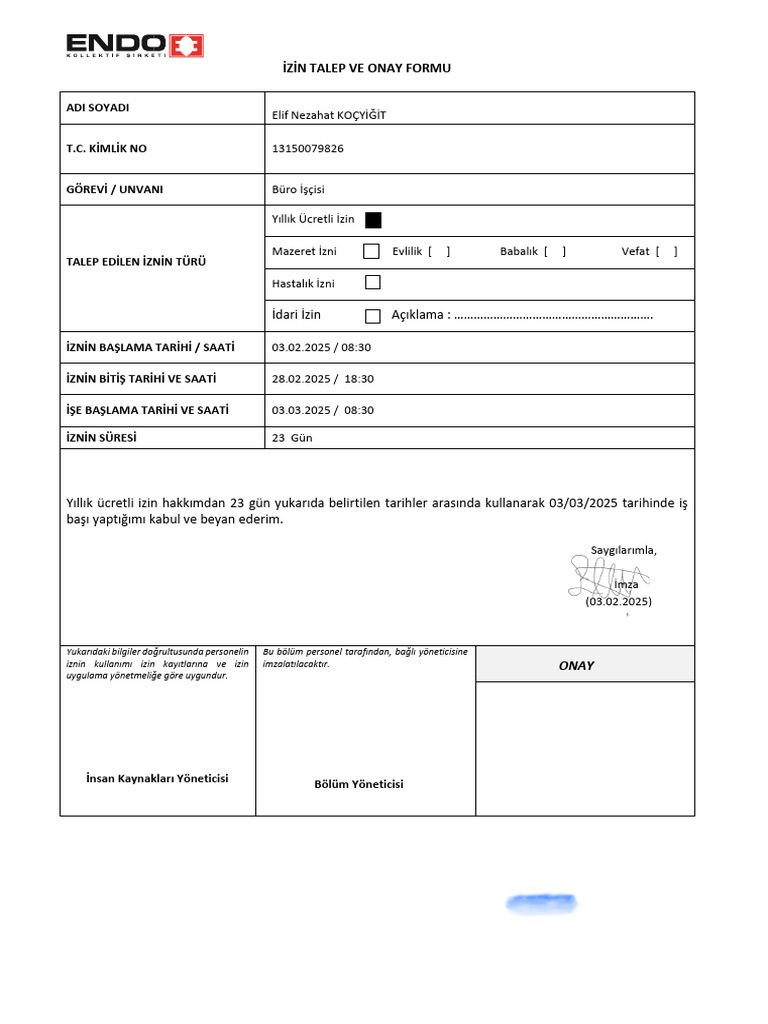 YILLIK ÜCRETLİZ İZİN TALEP VE ONAY FORMU.pdf Elif Nezahat Koçyiğit | PDF