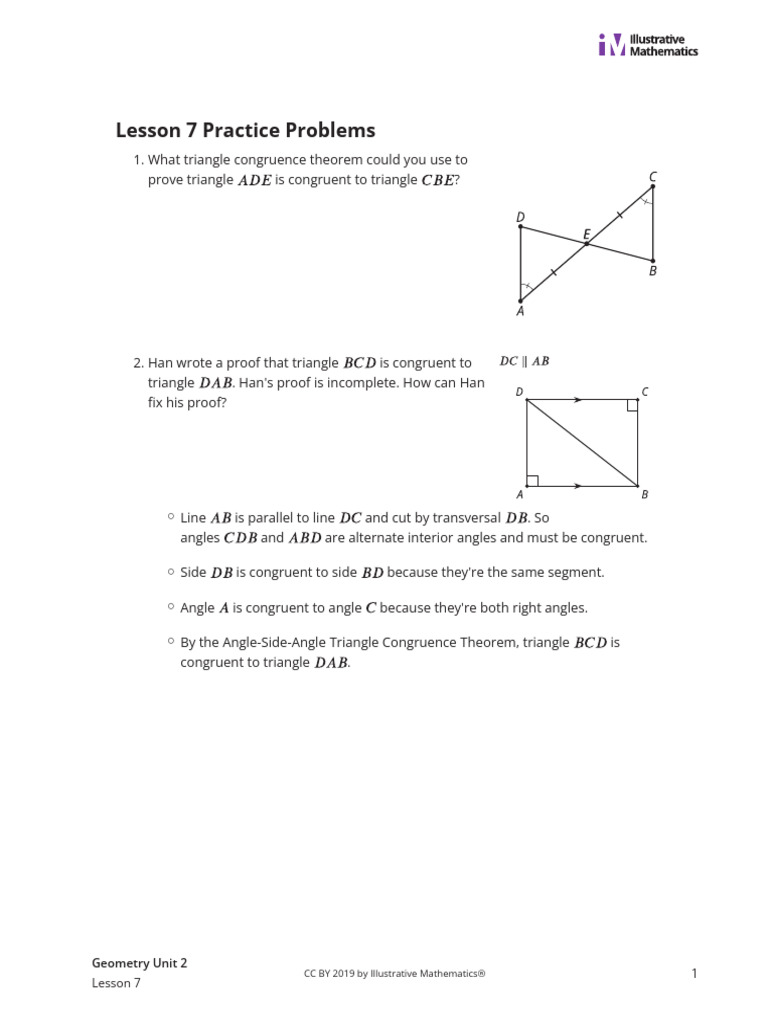 Geometry 2 7 Lesson Curated Practice Problem Set | PDF | Triangle | Angle