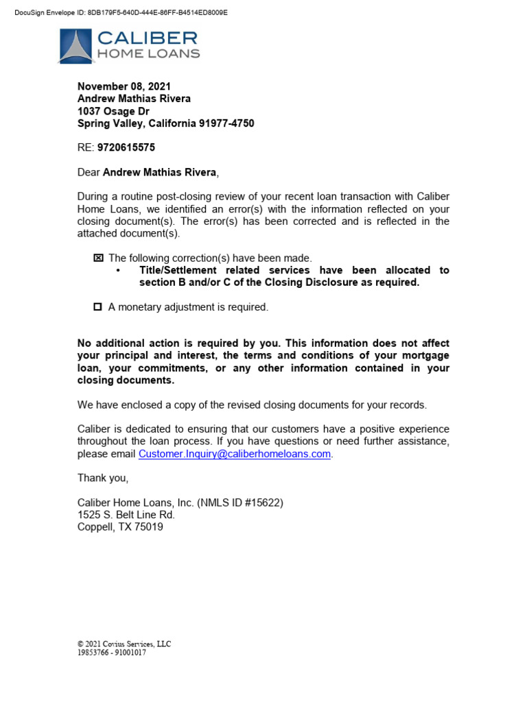 Mortgage Loan Disclosures From Caliber Home L | PDF | Refinancing | Loans