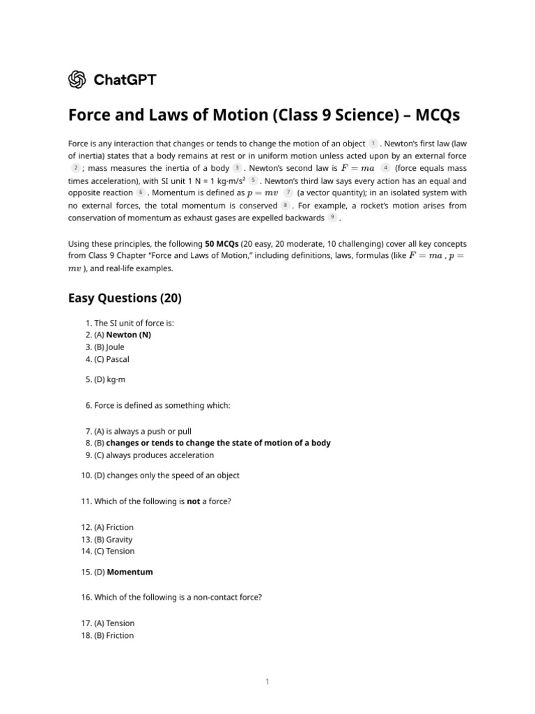 Force and Laws of Motion (Class 9 Science) – MCQs | PDF | Force | Newton's Laws Of Motion